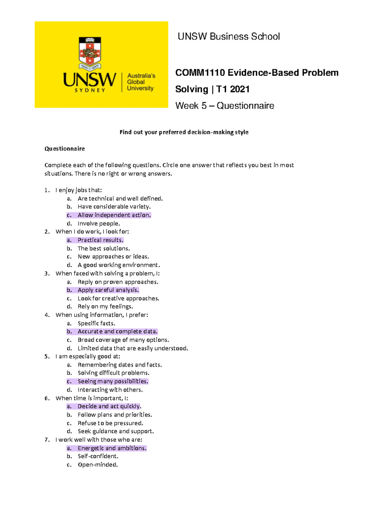 COMM1110 Week 5 Questionnaire Decision Making Styles - COMM1110 Evidence-Based Problem Solving ...