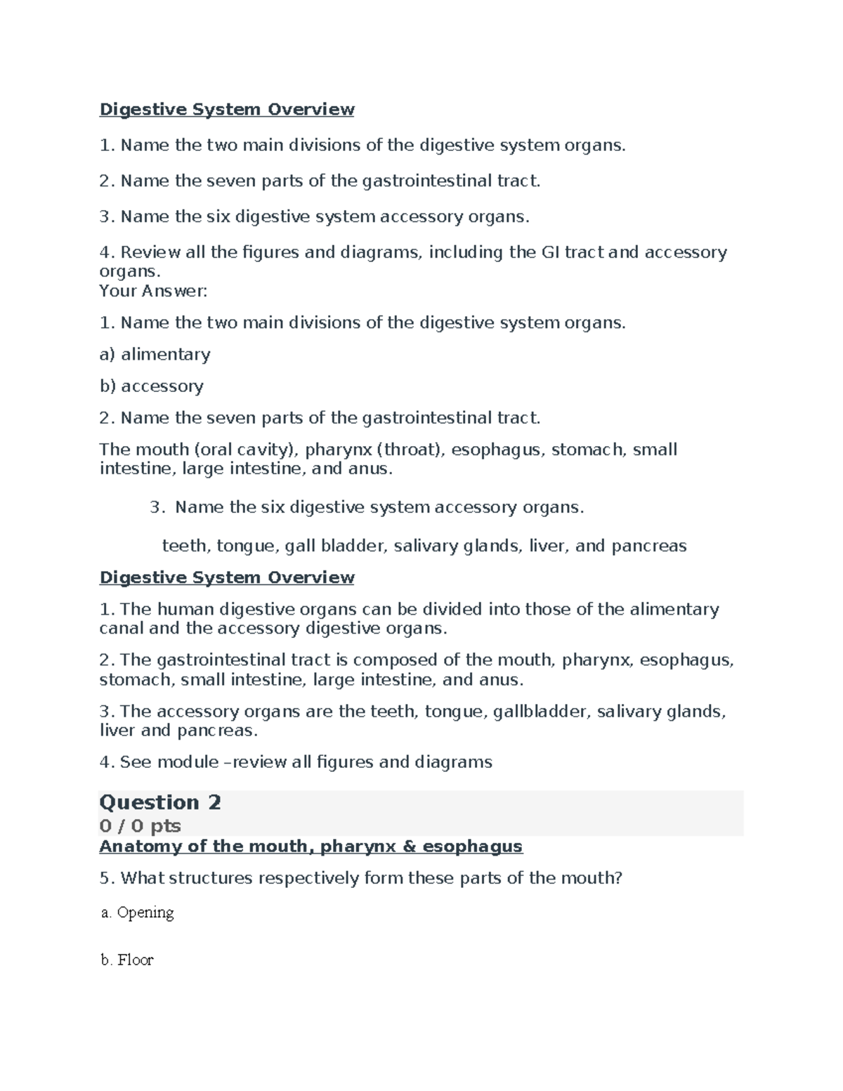 Portage AP 1 Digestive System SG - Digestive System Overview Name the ...