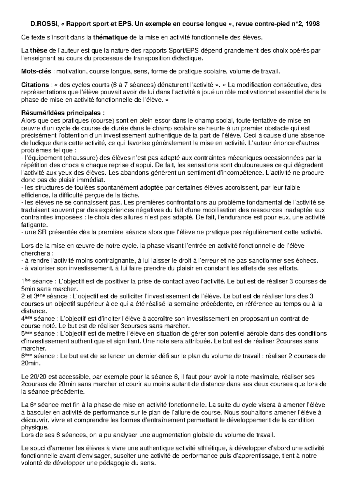 D. Rossi, « Rapport sport et EPS. Un exemple en course longue » - D ...