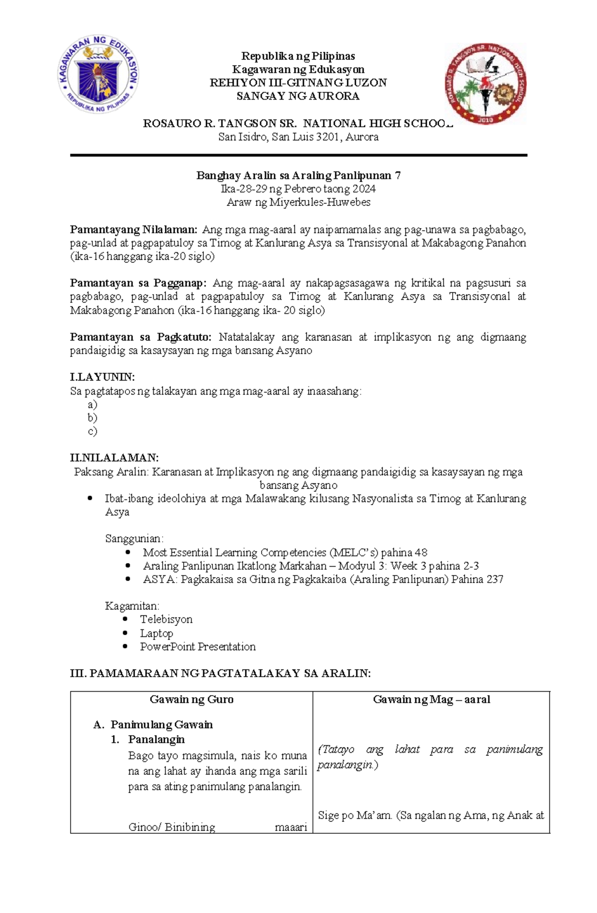 AP 7 Q3 wk 3 DLP Day 2 - DLP AP - Republika ng Pilipinas Kagawaran ng ...