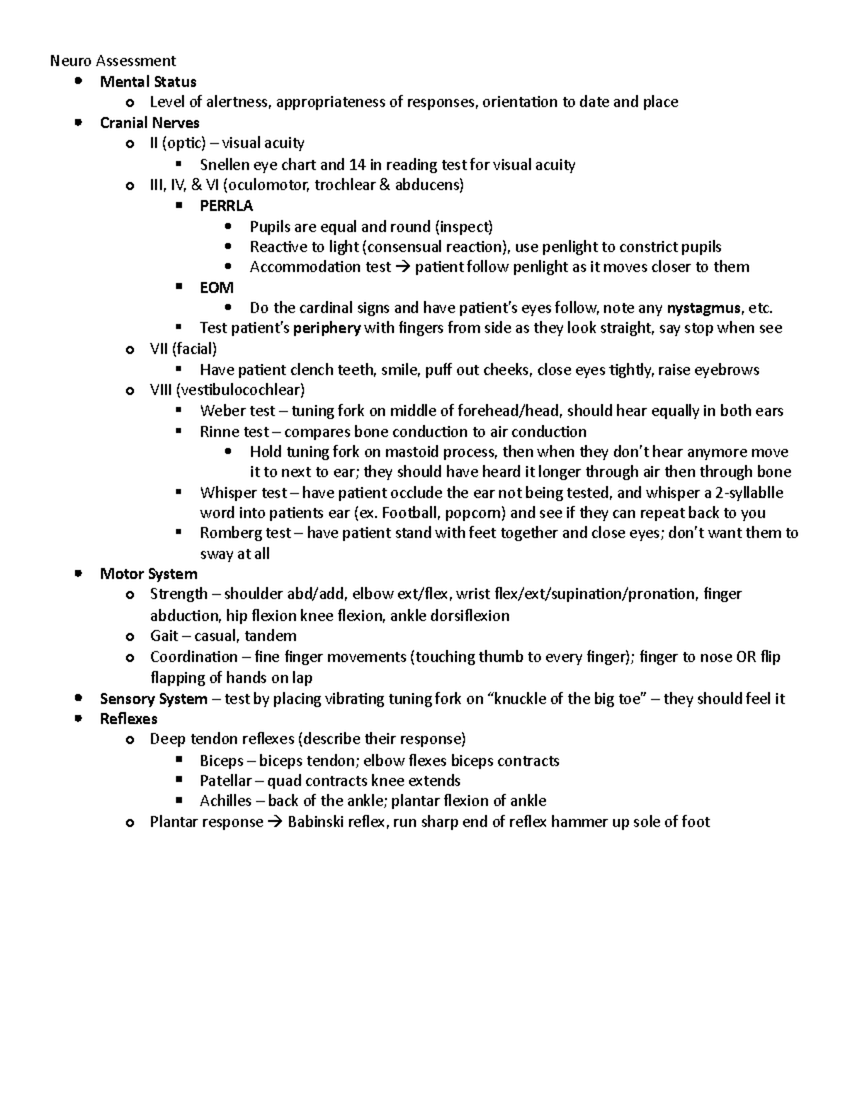 Neuro Assessment - Neuro Assessment Mental Status o Level of alertness ...