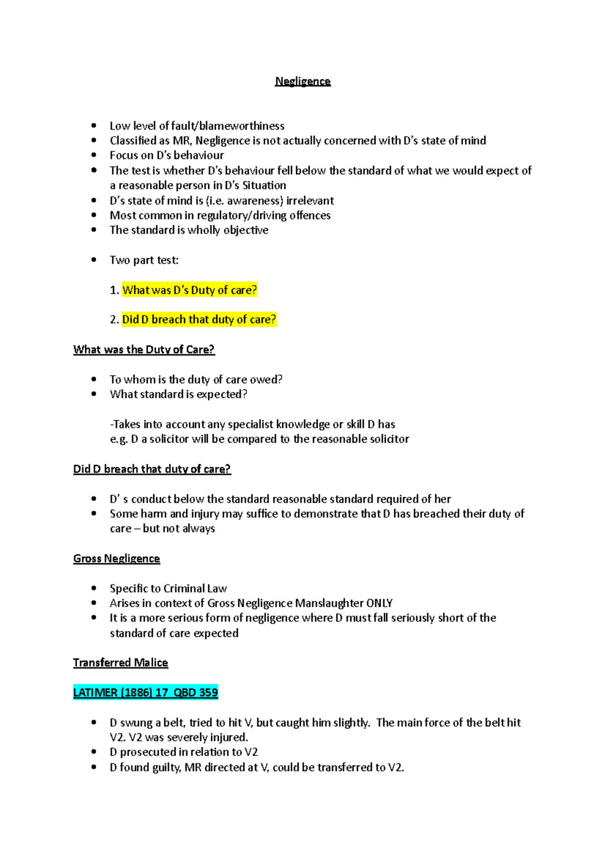 Negligence - lecture notes - Negligence Low level of fault ...