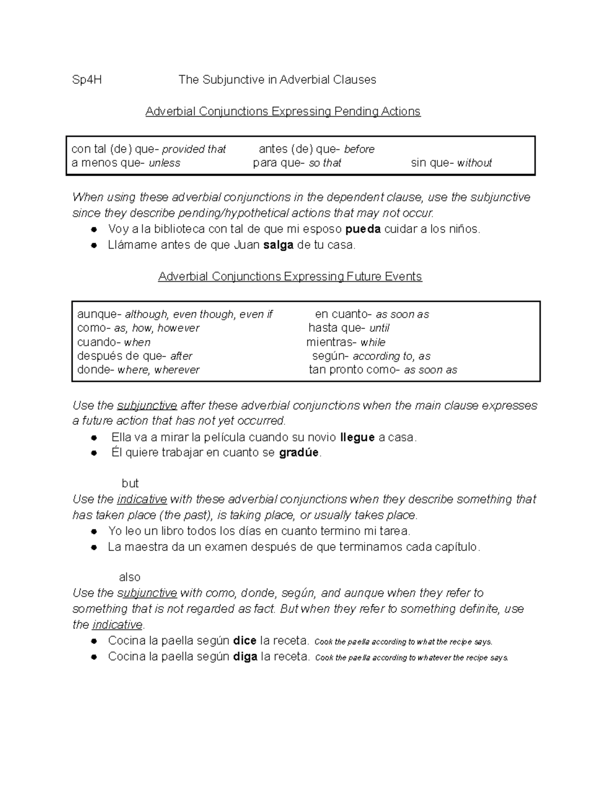 Pres. Subjunctive Adverbial Clauses - Sp4H The Subjunctive in Adverbial ...