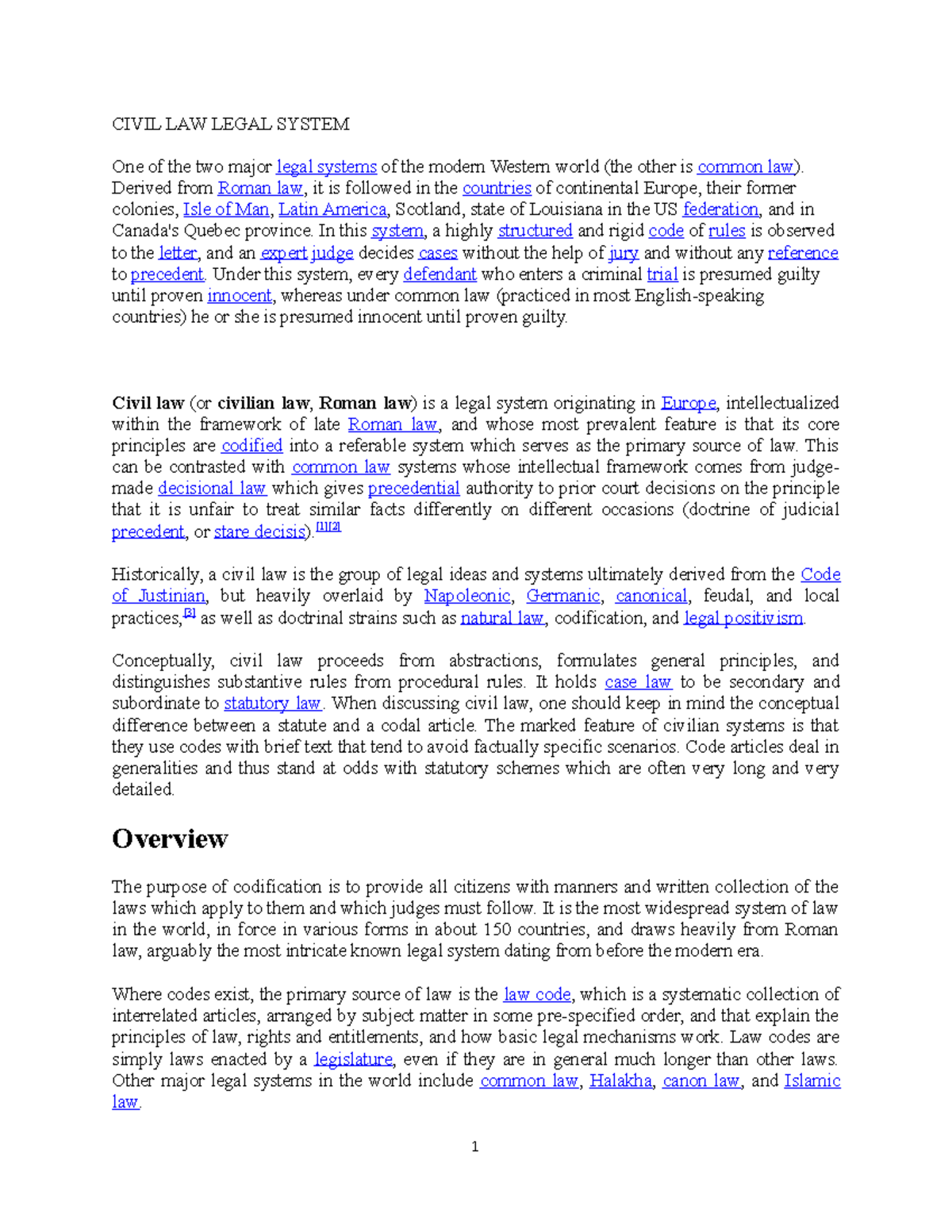 Civil Legal Systems - Notes - CIVIL LAW LEGAL SYSTEM One of the two ...