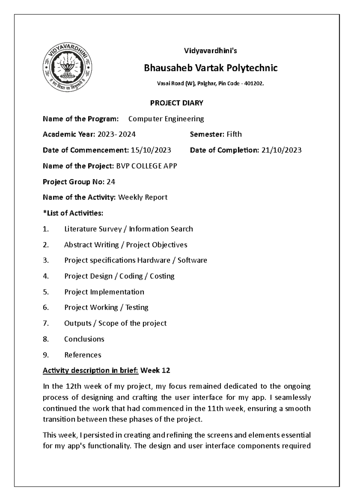 CPP diary week12 - PROJECT DIARY Name of the Program: Computer ...