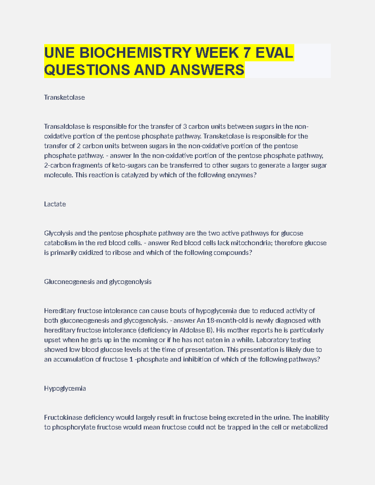 UNE Biochemistry WEEK 7 EVAL Questions AND Answers - UNE BIOCHEMISTRY ...