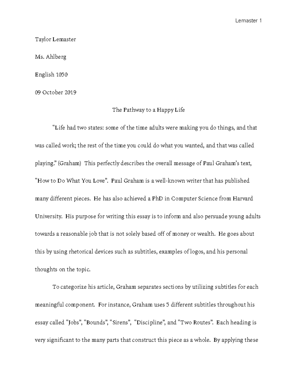 Rhetorical Analysis Essay - Taylor Lemaster Ms. Ahlberg English 1050 09 ...