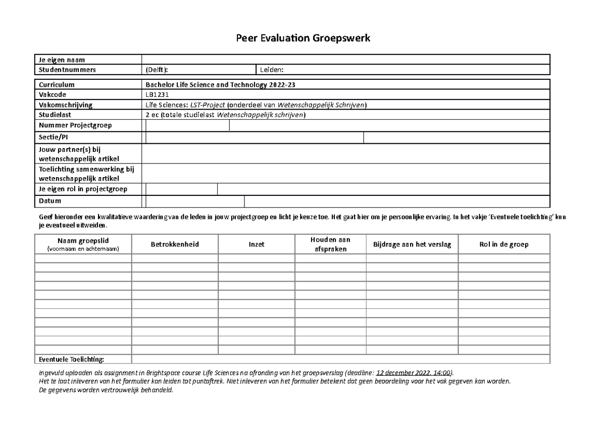 Peer Evaluation Groepswerk LST Project Formulier 2022-23 - Peer ...