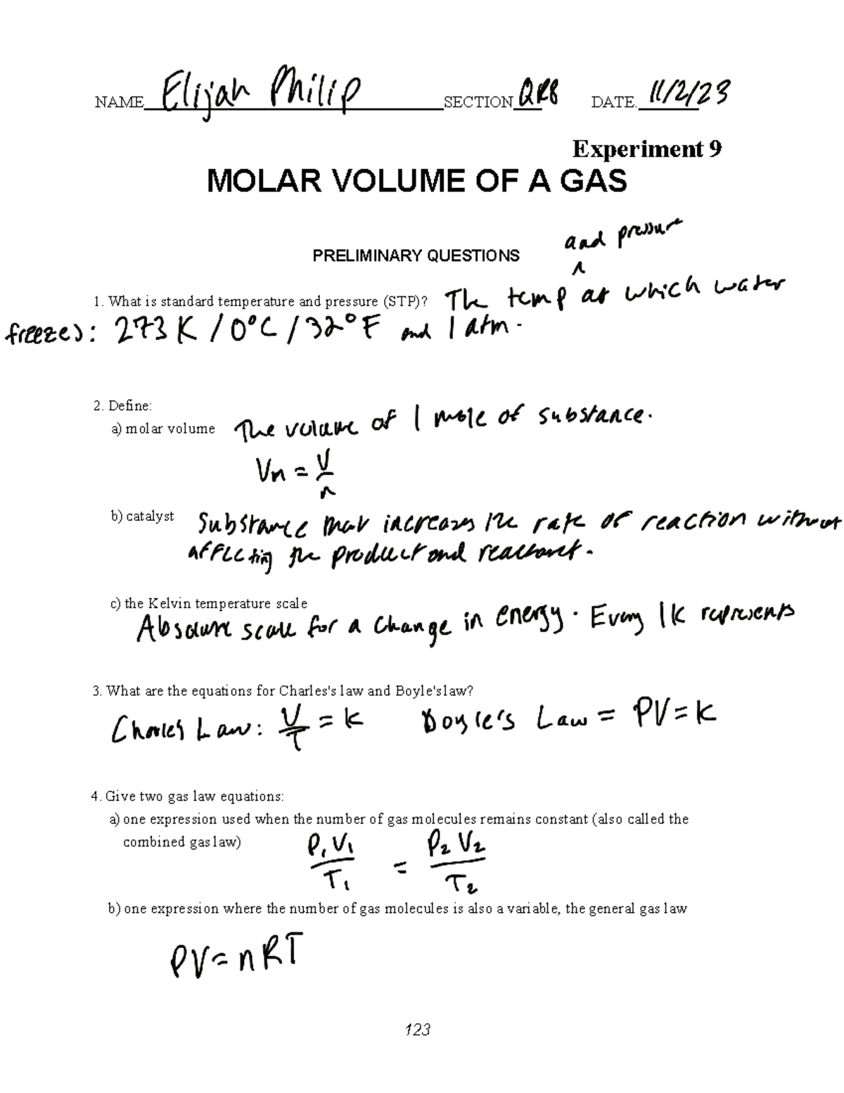 Notes 231102 142215 - 123 NAME SECTION DATE. Experiment 9 MOLAR VOLUME ...