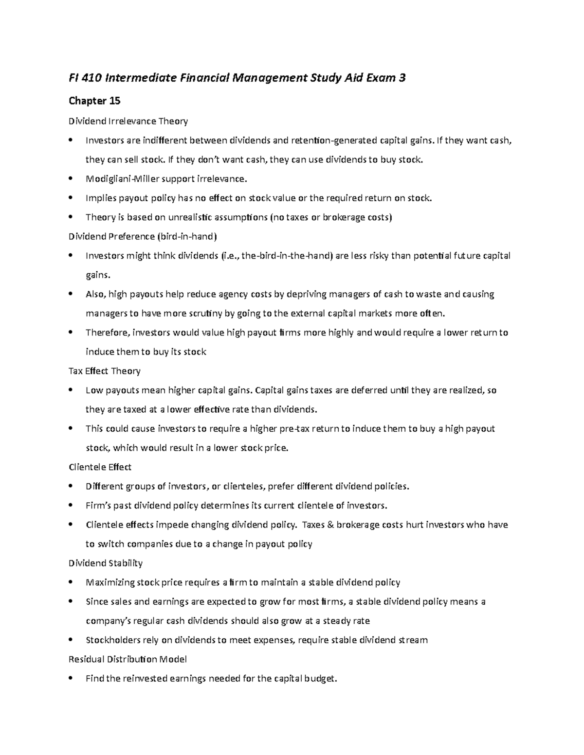 FI 410 Ch 15 Study Guide - Chapter 15 - FI 410 Intermediate Financial ...