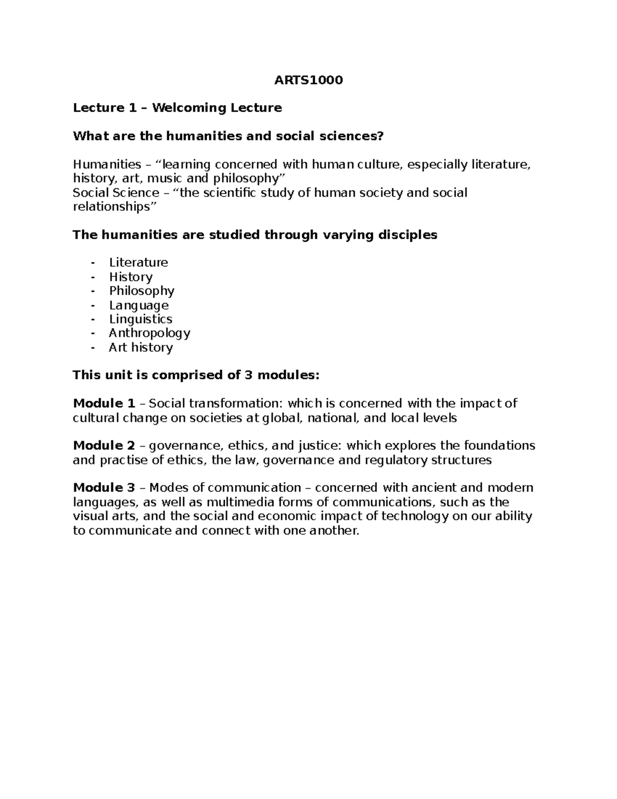 ARTS1000 - Lecture - ARTS Lecture 1 – Welcoming Lecture What are the ...