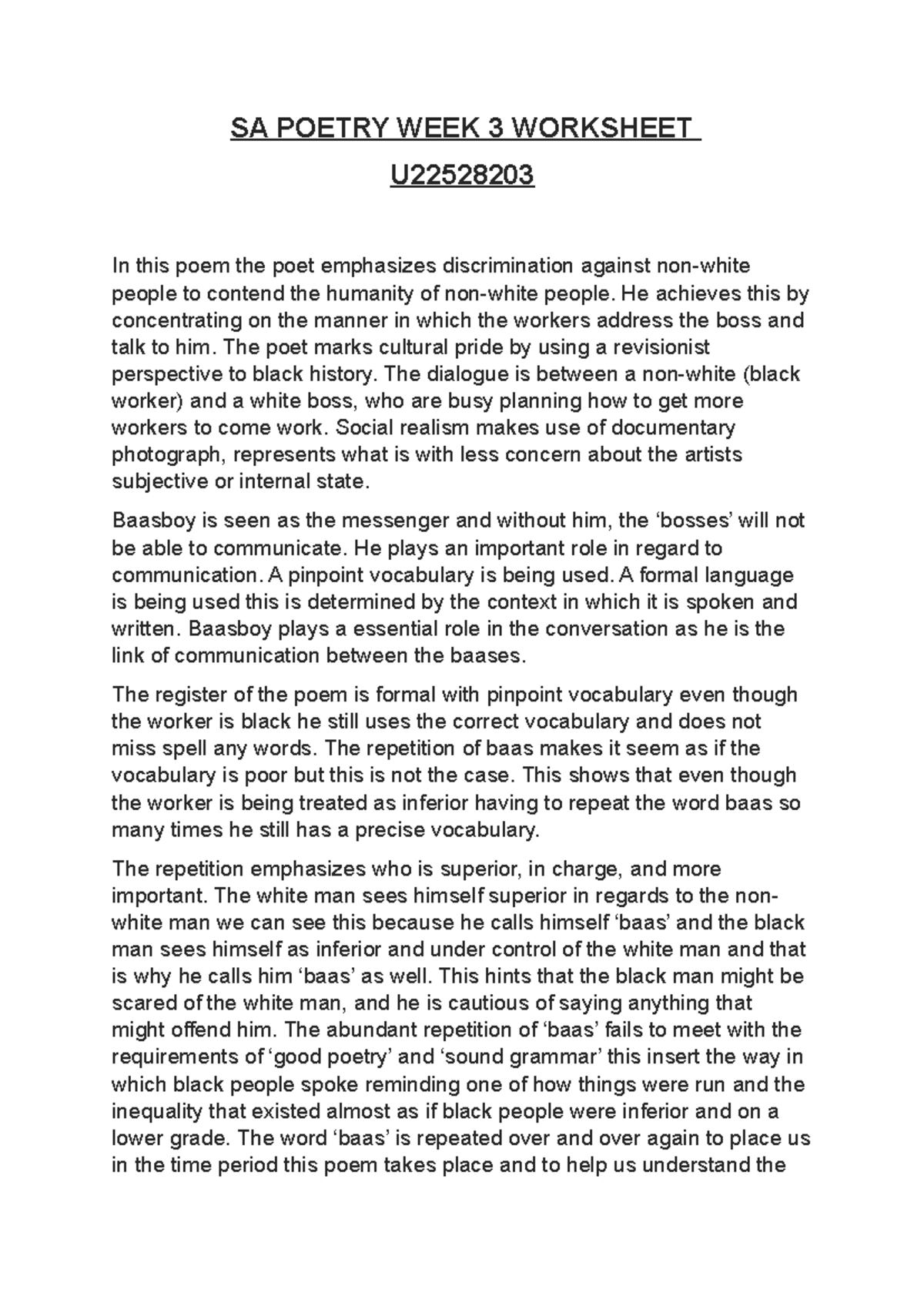 SA Poetry WEEK 3 Worksheet - SA POETRY WEEK 3 WORKSHEET U In this poem ...