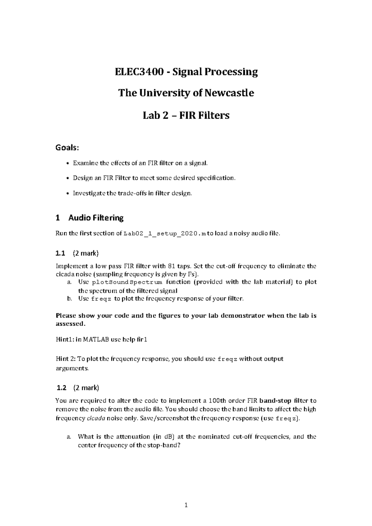 ELEC3400 Lab2 2021 - Lab 2 Assignment - 1 ELEC3400 - Signal Processing The University of ...