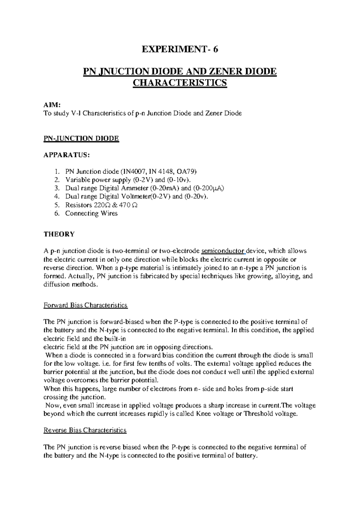 PN Junction and Zener diode - EXPERIMENT- 6 PN JNUCTION DIODE AND ZENER ...