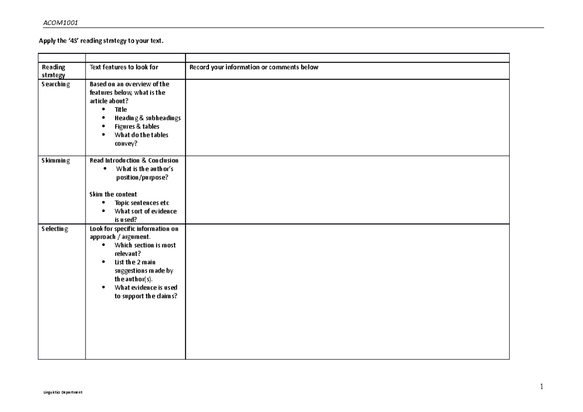 ACOM1001 4S summary worksheet - ACOM Apply the ‘4S’ reading strategy to ...