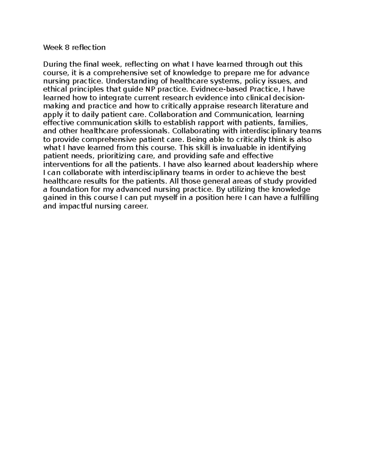 Week 8 reflection - NR500NP - Chamberlain University - Studocu