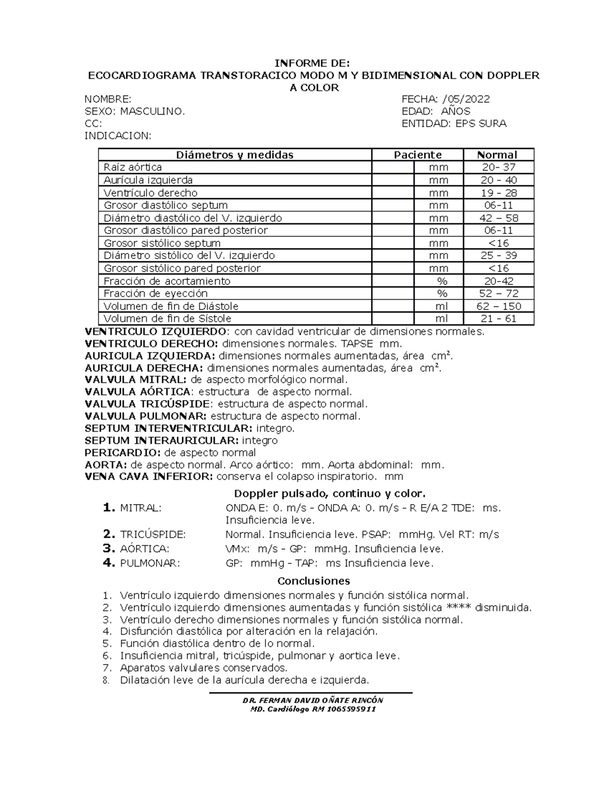 Formato DR Ferman Oñate - INFORME DE: ECOCARDIOGRAMA TRANSTORACICO MODO ...