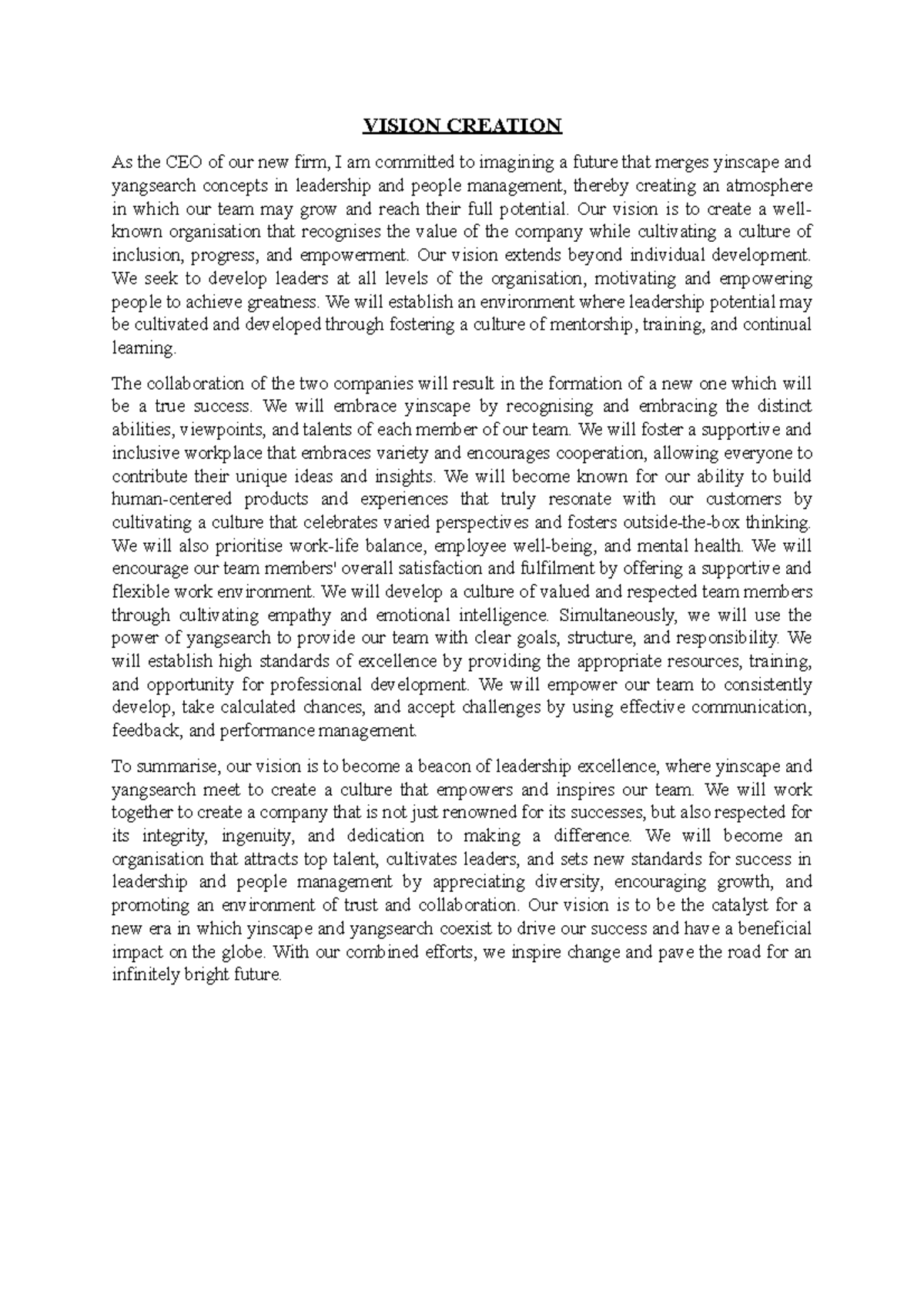 Vision Creation - work - VISION CREATION As the CEO of our new firm, I ...