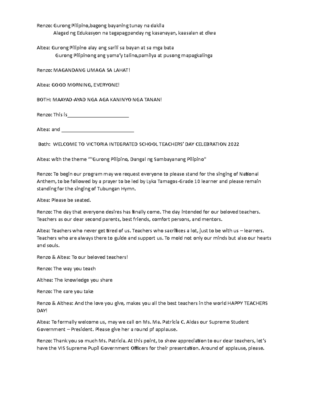 Script teachers day - Renzo: Gurong Pilipino,bagong bayaning tunay na ...
