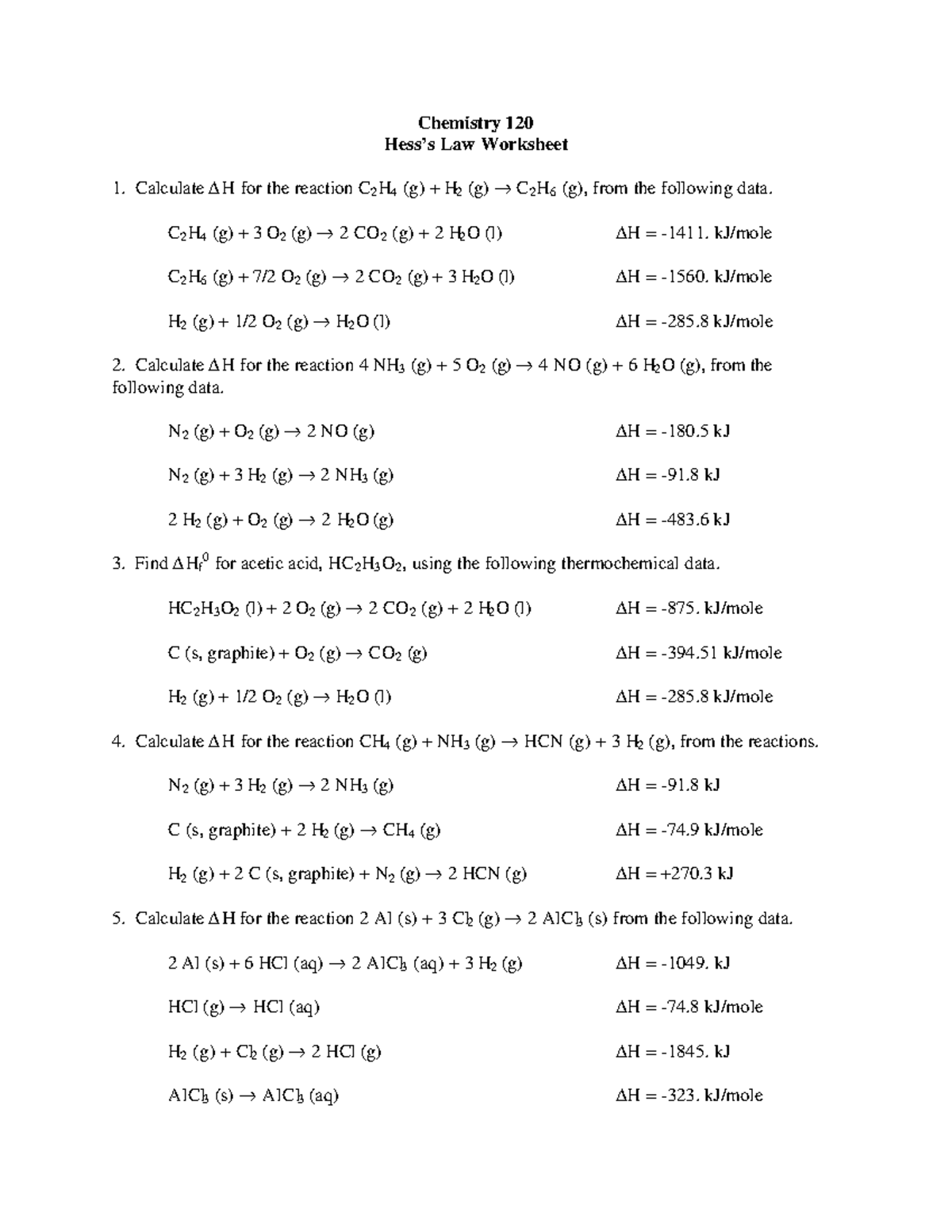 Hess Law Worksheet Practice Chemistry 120 Hess s Law Worksheet