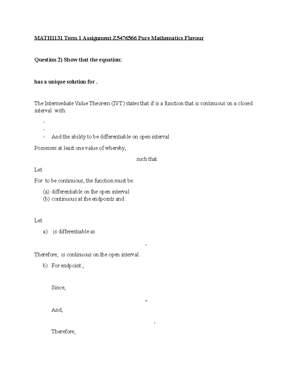 MATH1131 Assignment - MATH1131 Term 1 Assignment Z5476566 Pure ...