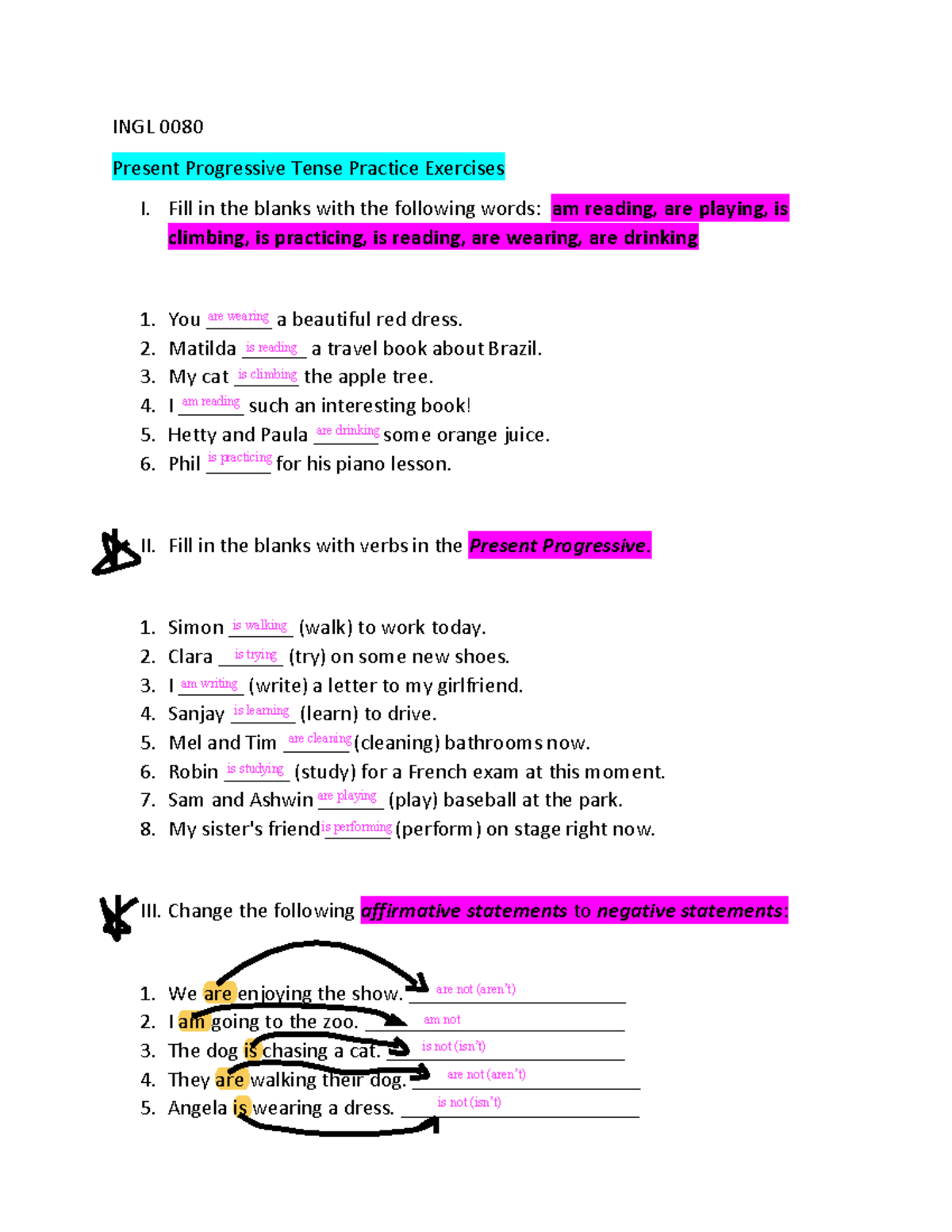 INGL 0080 Present Progressive Practice Exercises (1) copy - INGL 0080 ...