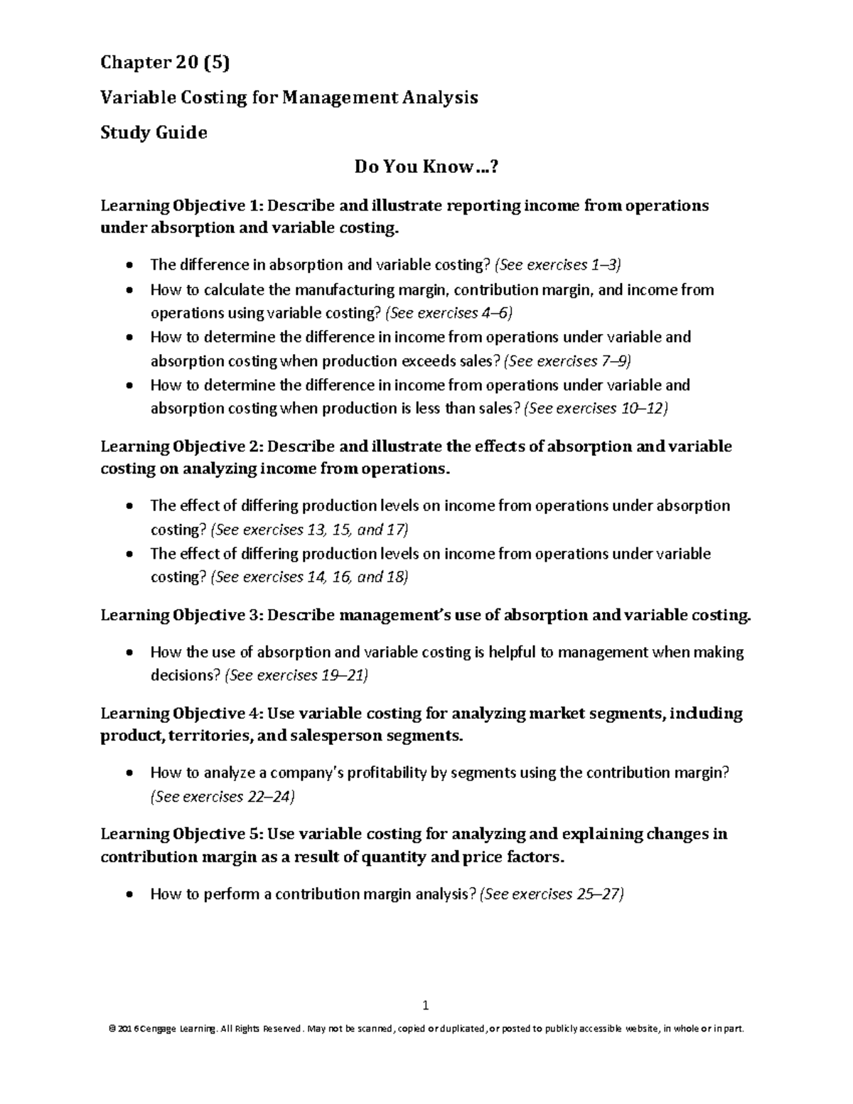 Variable Costing for Management Analysis Study Guide - Chapter 20 (5 ...