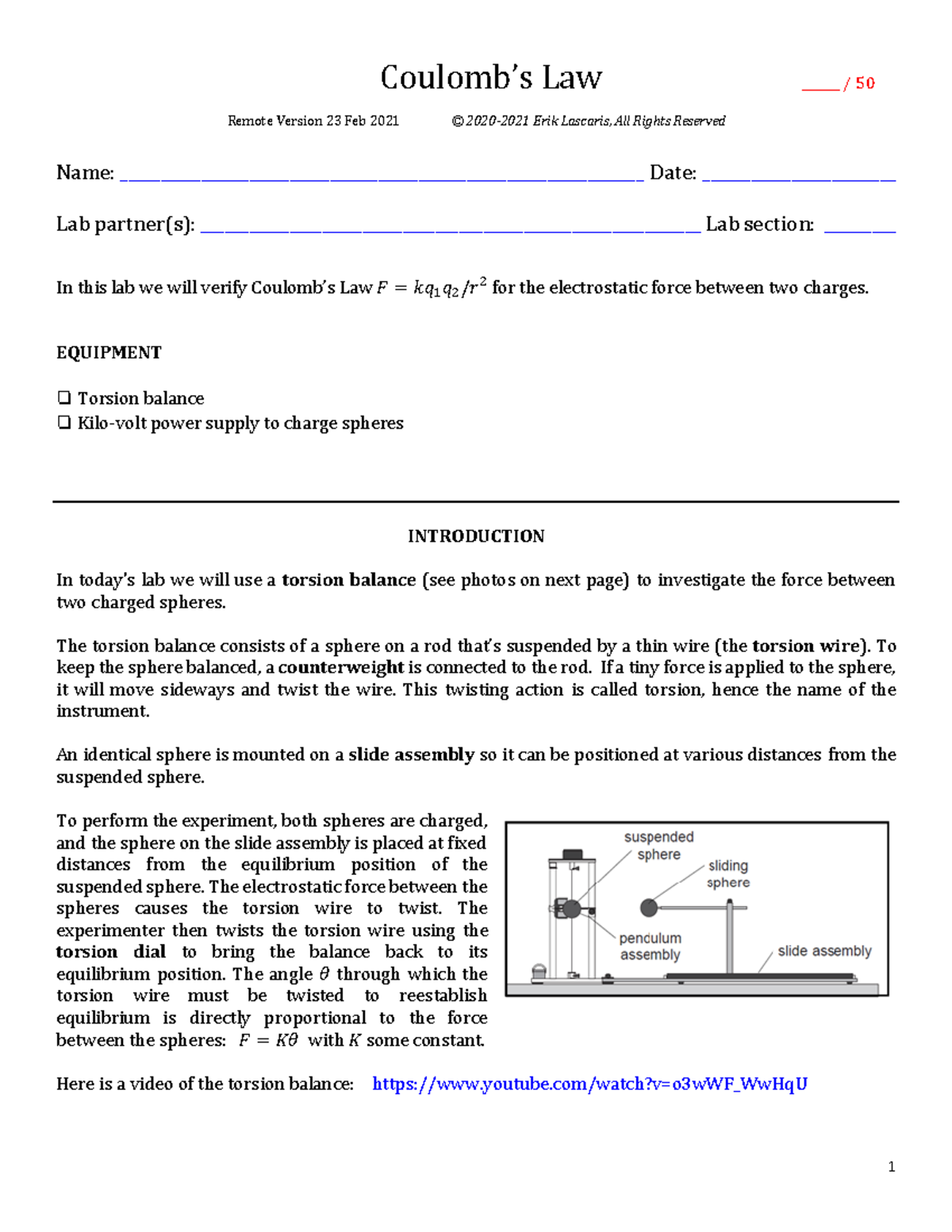 Remote-Lab-01 Coulombs Law - Coulomb’s Law ______ / 50 Remote Version ...