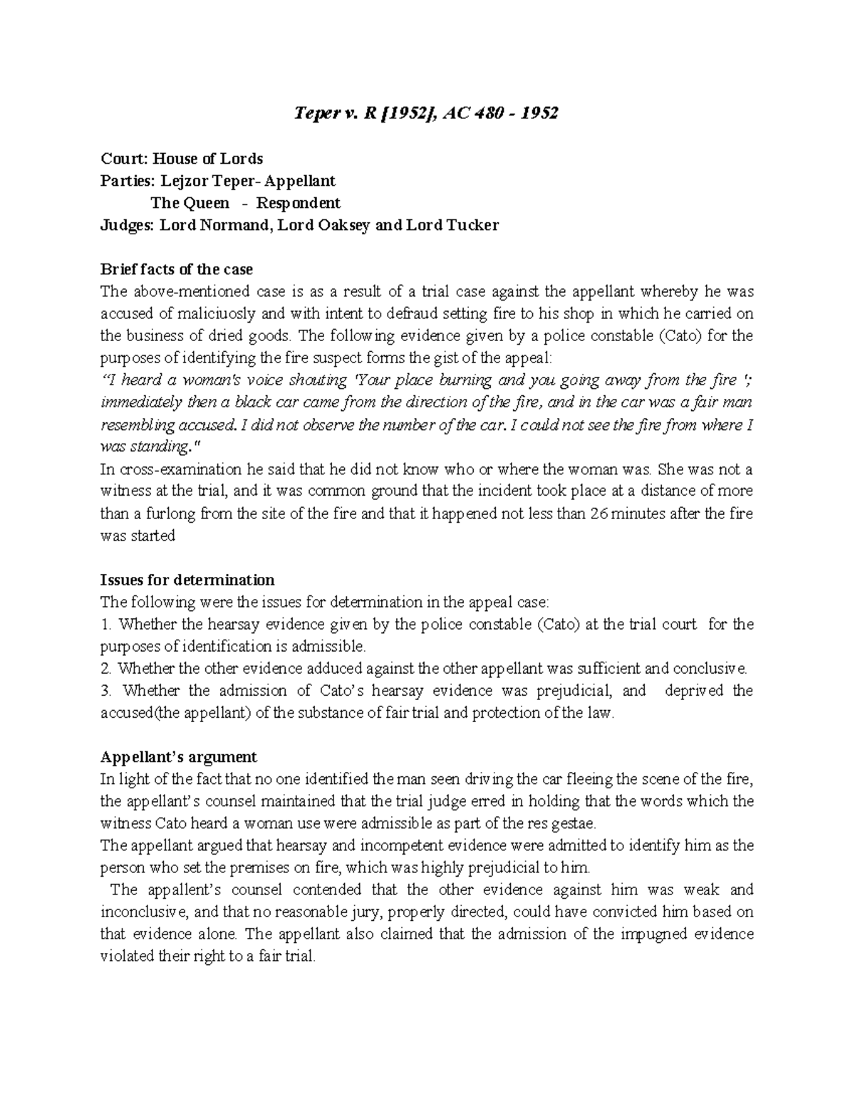 Teper v R - summary - Teper v. R [1952], AC 480 - 1952 Court: House of ...