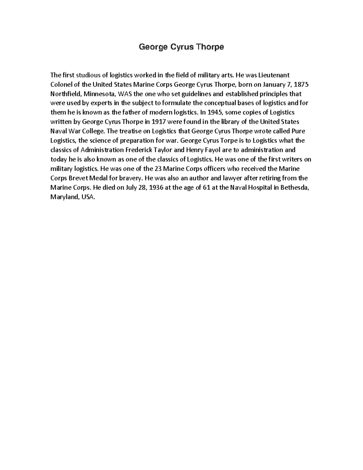 Cronica - George Cyrus Thorpe The first studious of logistics worked in ...