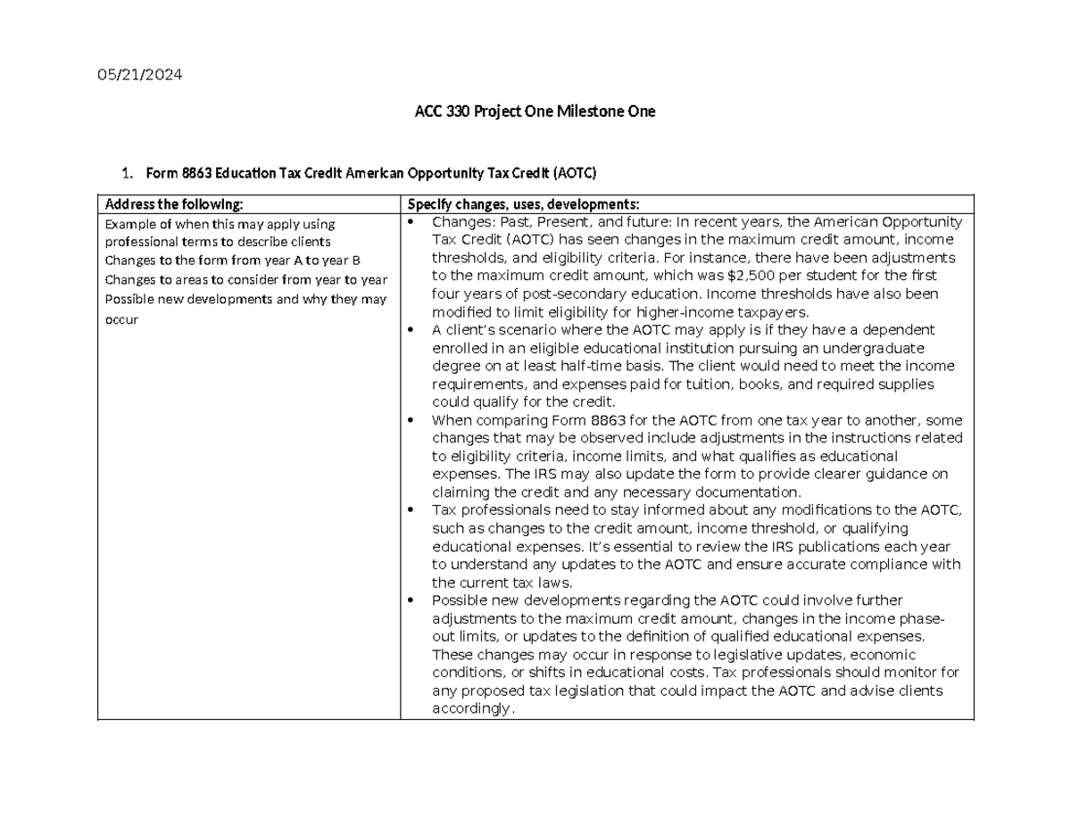 Module 3 Assignment: Project One: Milestone One - 05/21/ ACC 330 ...