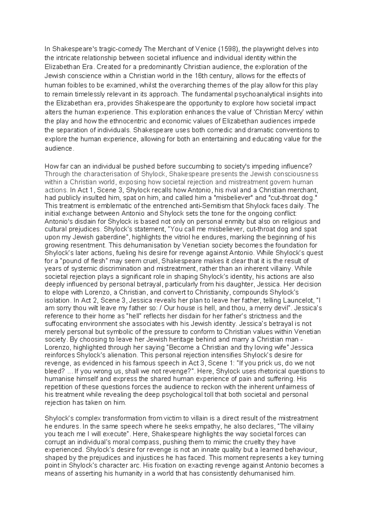 TMOV - main essay - In Shakespeare's tragic-comedy The Merchant of ...