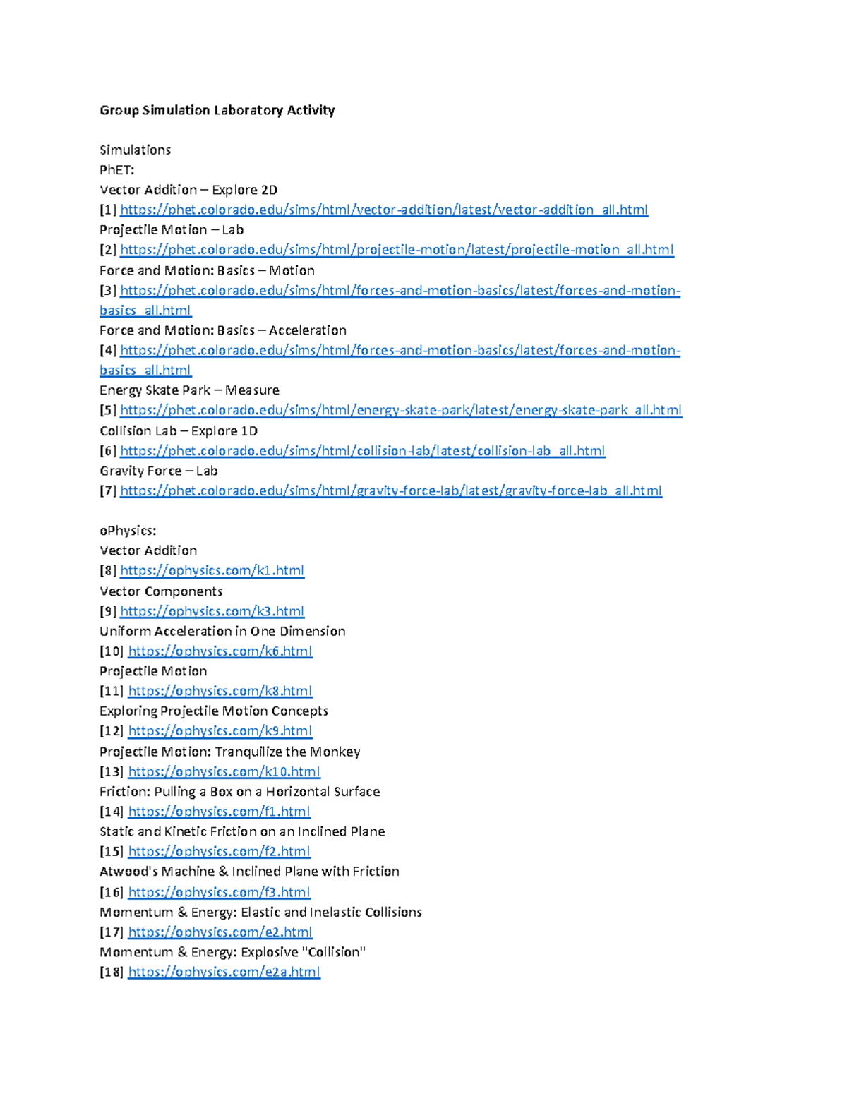 Physics Group Simulation Laboratory Activity 1 - Group Simulation ...