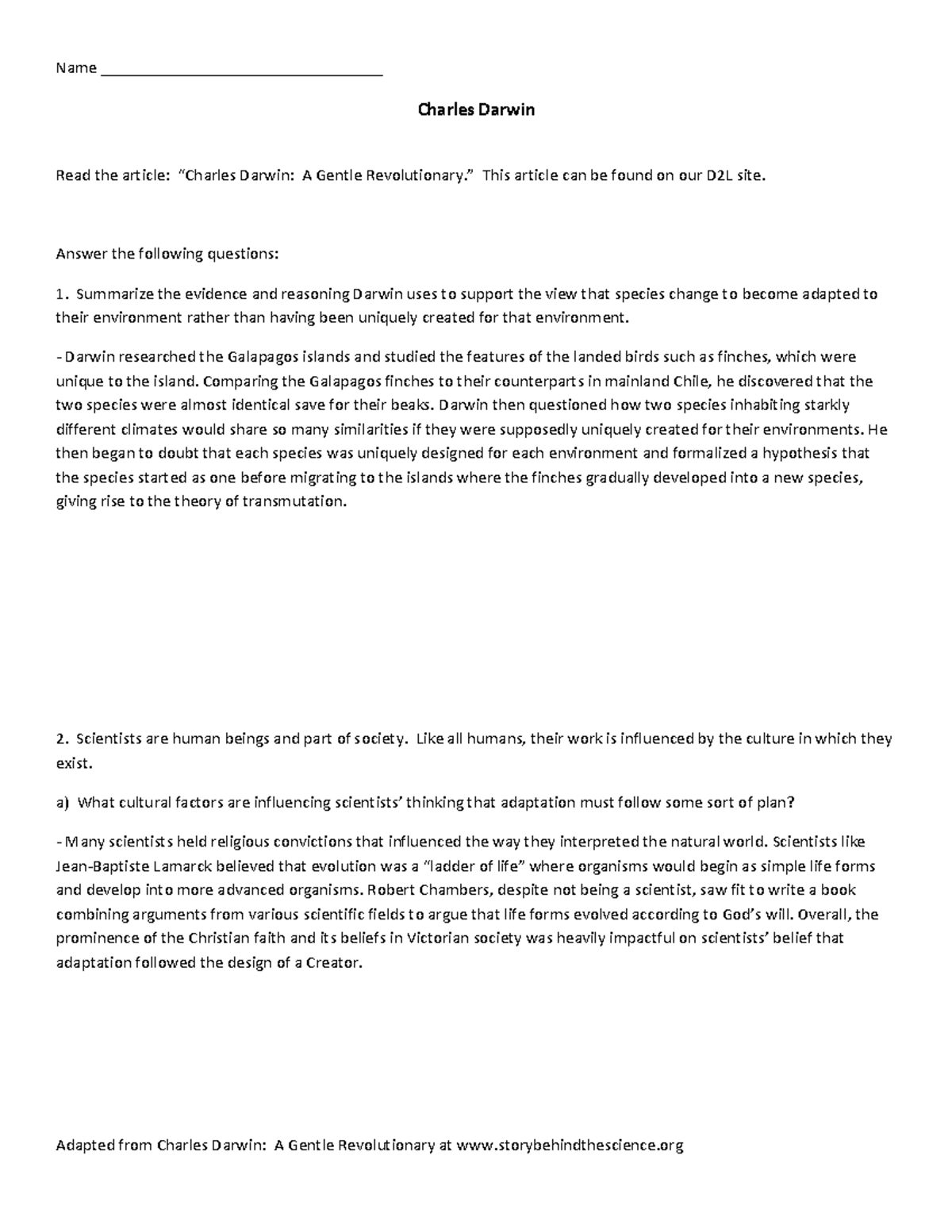 Darwin Worksheet - Name _________________________________ Adapted from ...