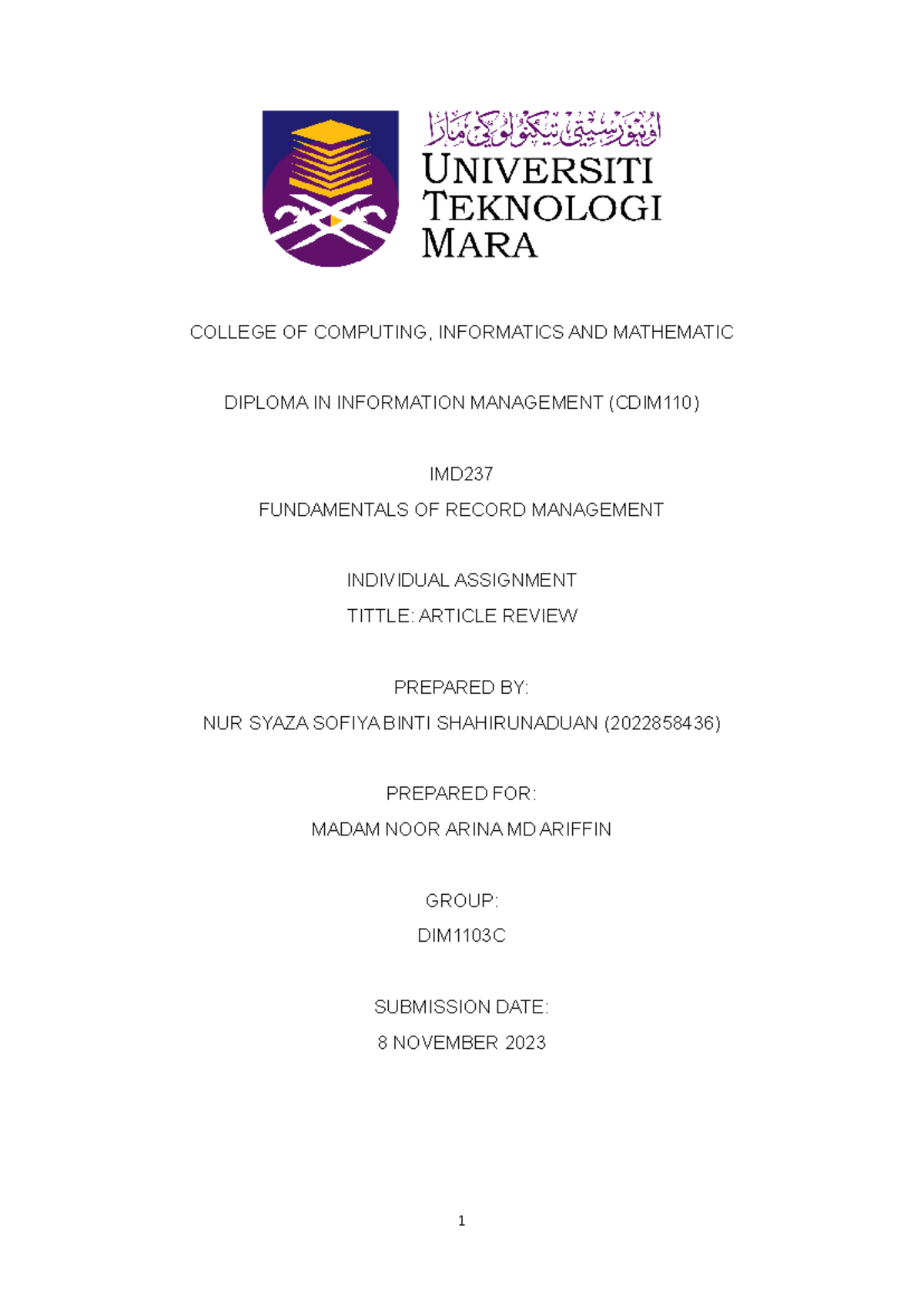 Individual Assignment IMD237 - COLLEGE OF COMPUTING, INFORMATICS AND MATHEMATIC DIPLOMA IN - Studocu