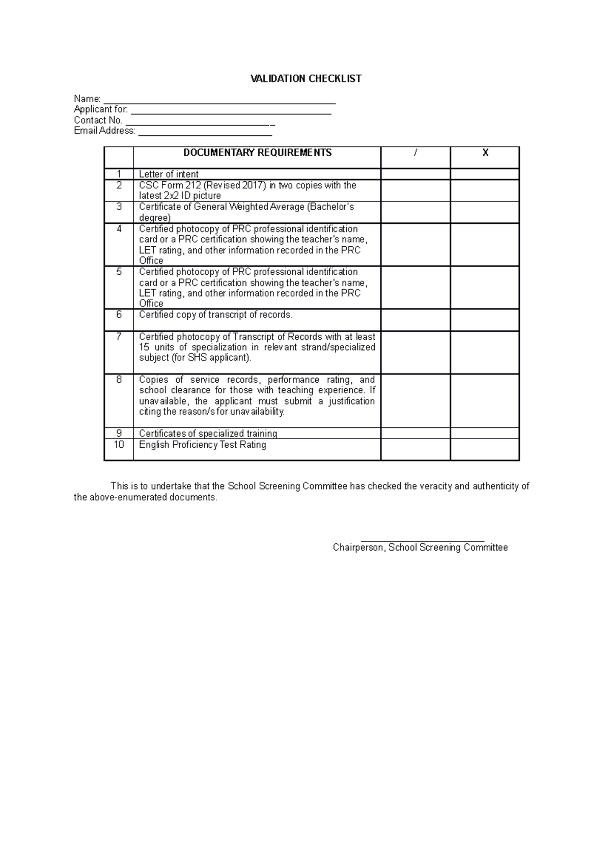 Validation- Checklist A For Ranking Teacher Applicants - VALIDATION ...