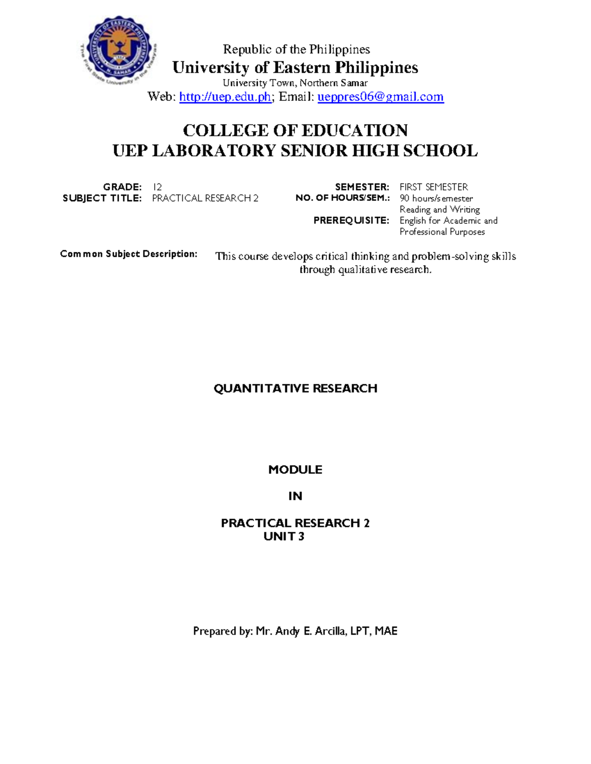 PR 2 Module 3 - Republic of the Philippines University of Eastern ...