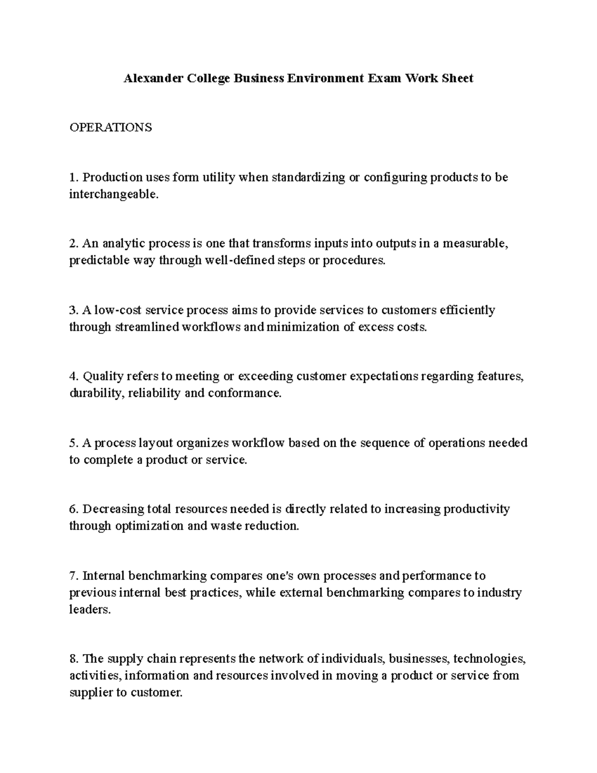 Business Environment Exam Work Sheet - Alexander College Business ...
