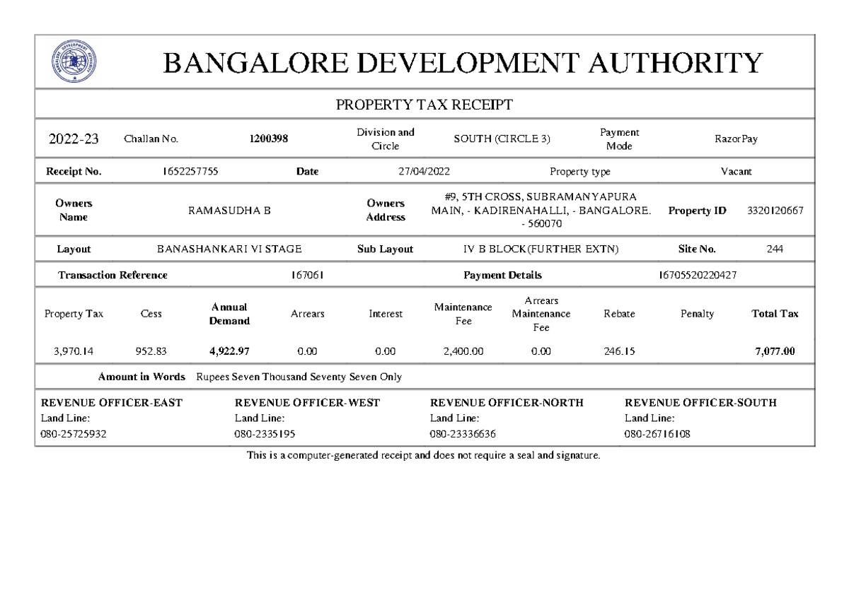 2022-23 - read - BANGALORE DEVELOPMENT AUTHORITY PROPERTY TAX RECEIPT ...