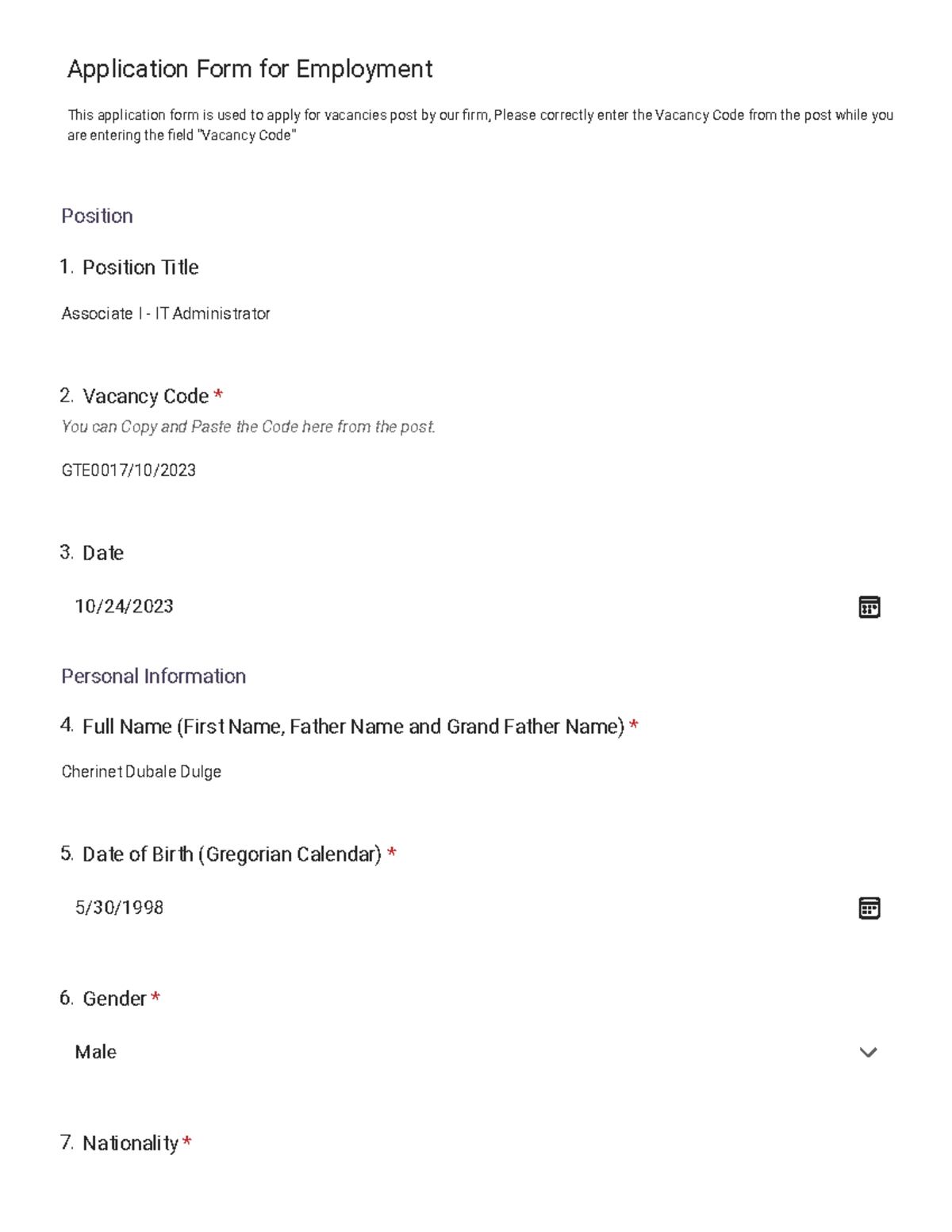 Application Form for Employment - Position Title Associate I - IT ...