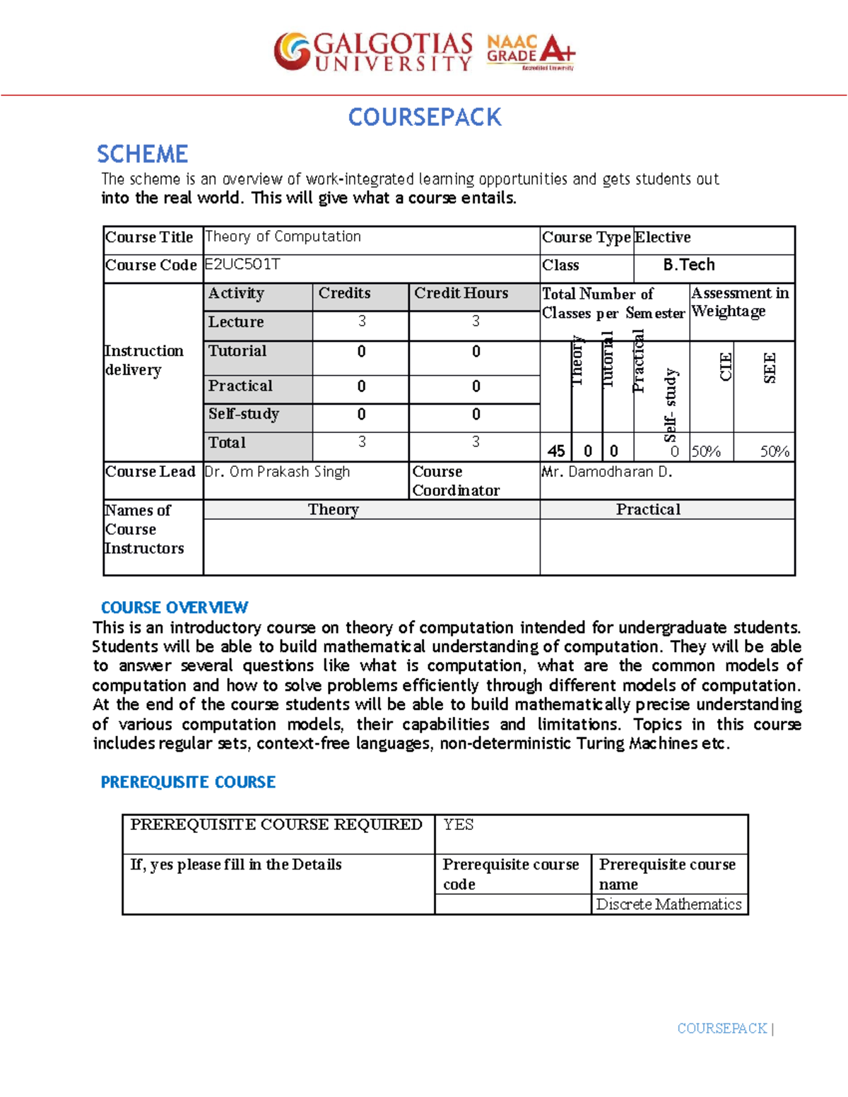 Course Pack TOC - COURSEPACK SCHEME The scheme is an overview of work-integrated learning - Studocu