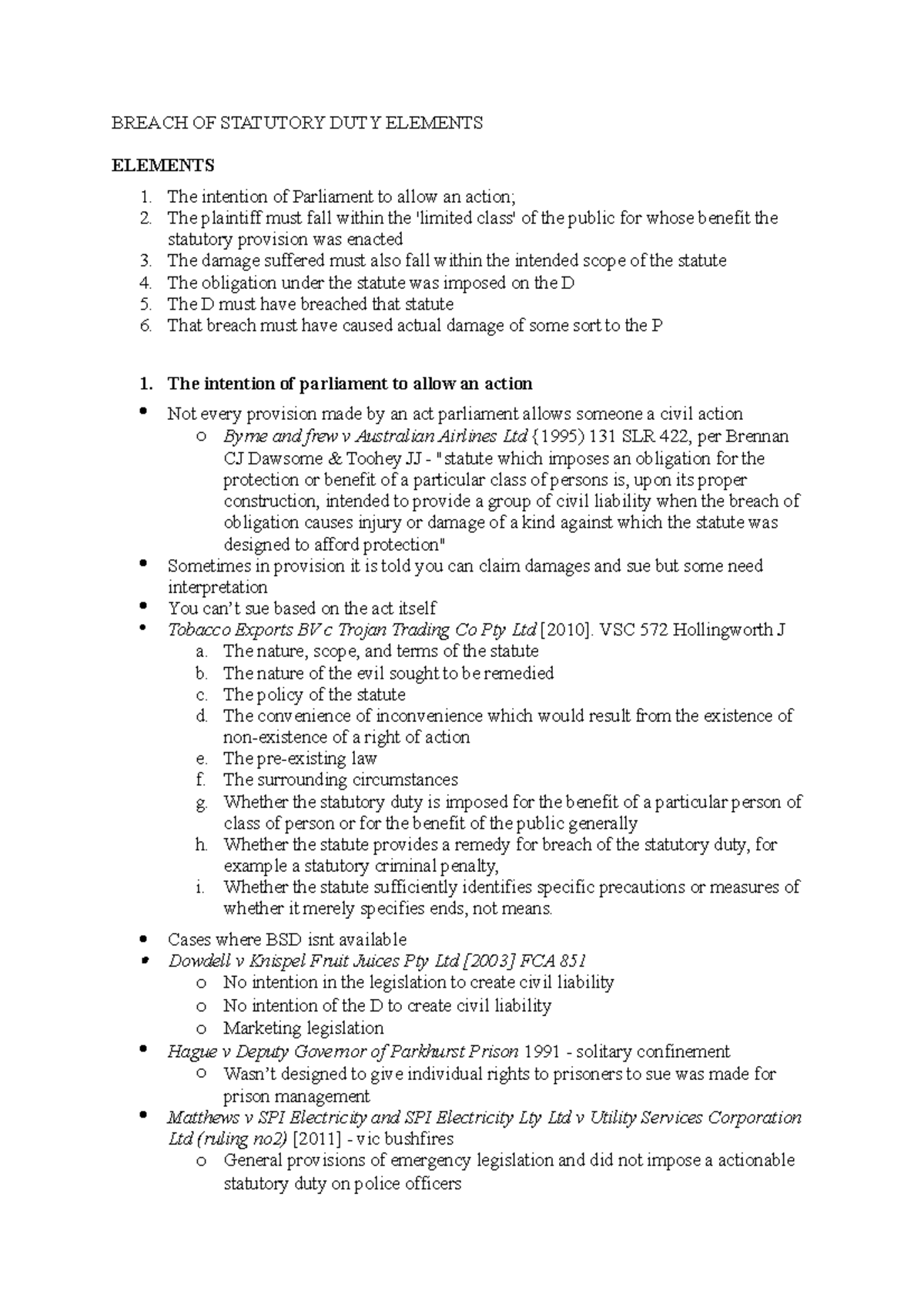 Breach OF Statutory DUTY Elements - BREACH OF STATUTORY DUTY ELEMENTS ...