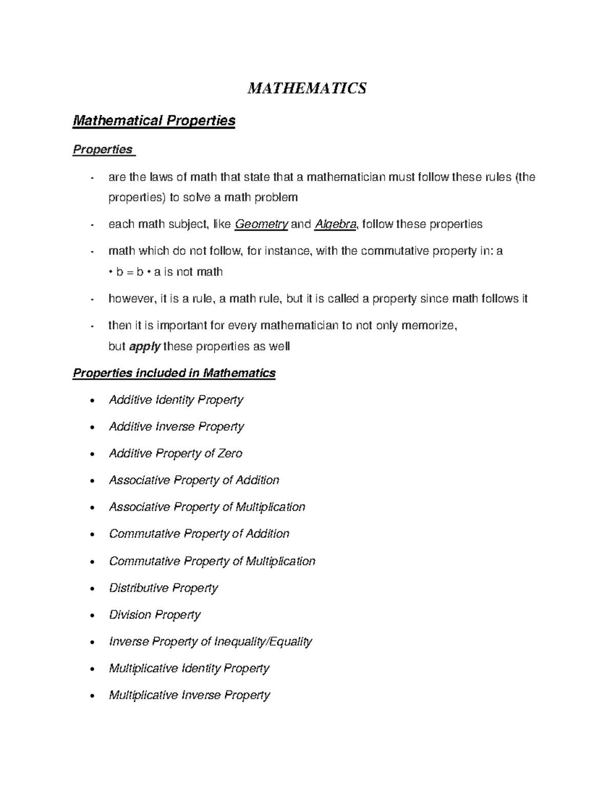 Mathematical Properties - Studocu