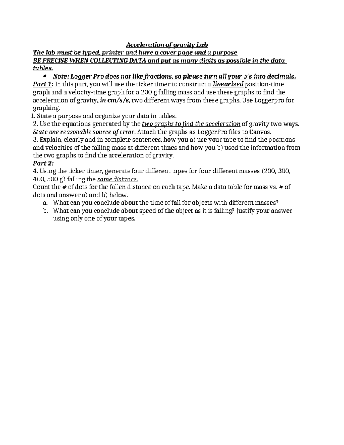 Acceleration of gravity Lab-1 - Acceleration of gravity Lab The lab ...