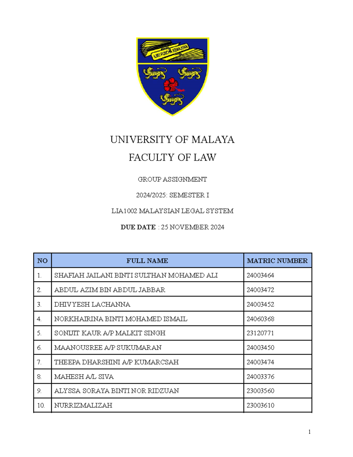 LIA1002 - MLS Assignment - UNIVERSITY OF MALAYA FACULTY OF LAW GROUP ...