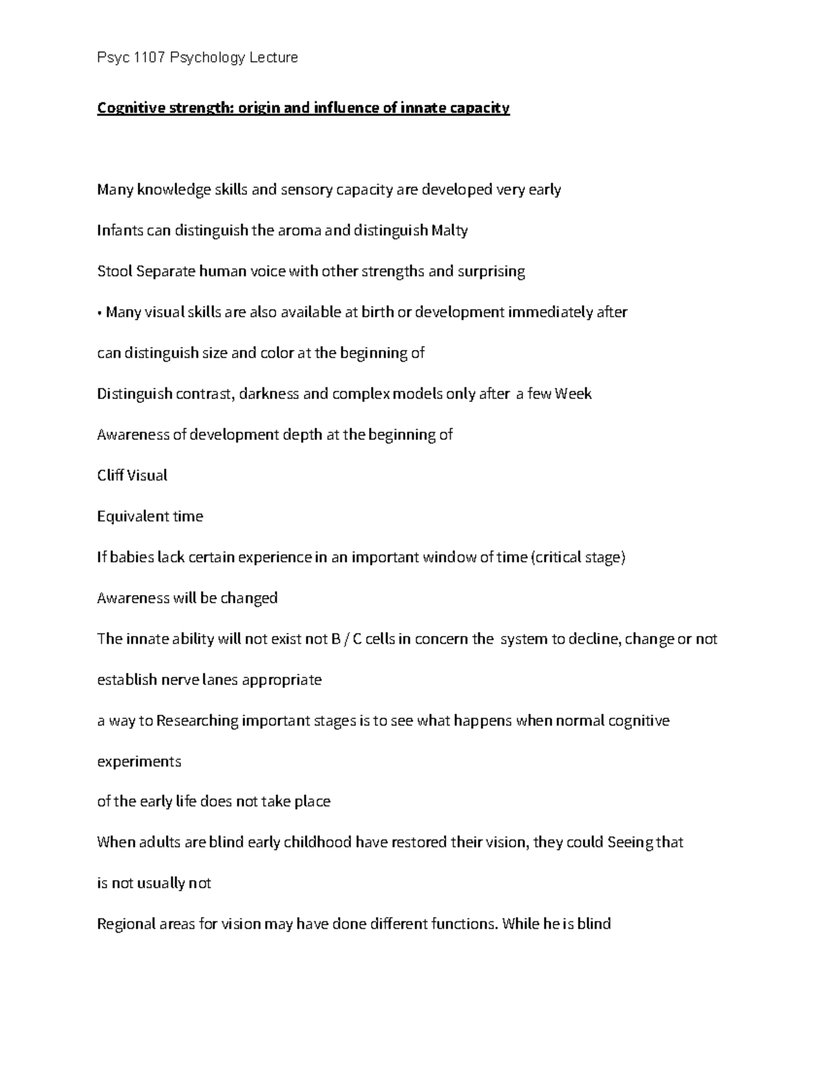 Psychology Lecture: Cognitive Strength and Innate Capacity - Studocu