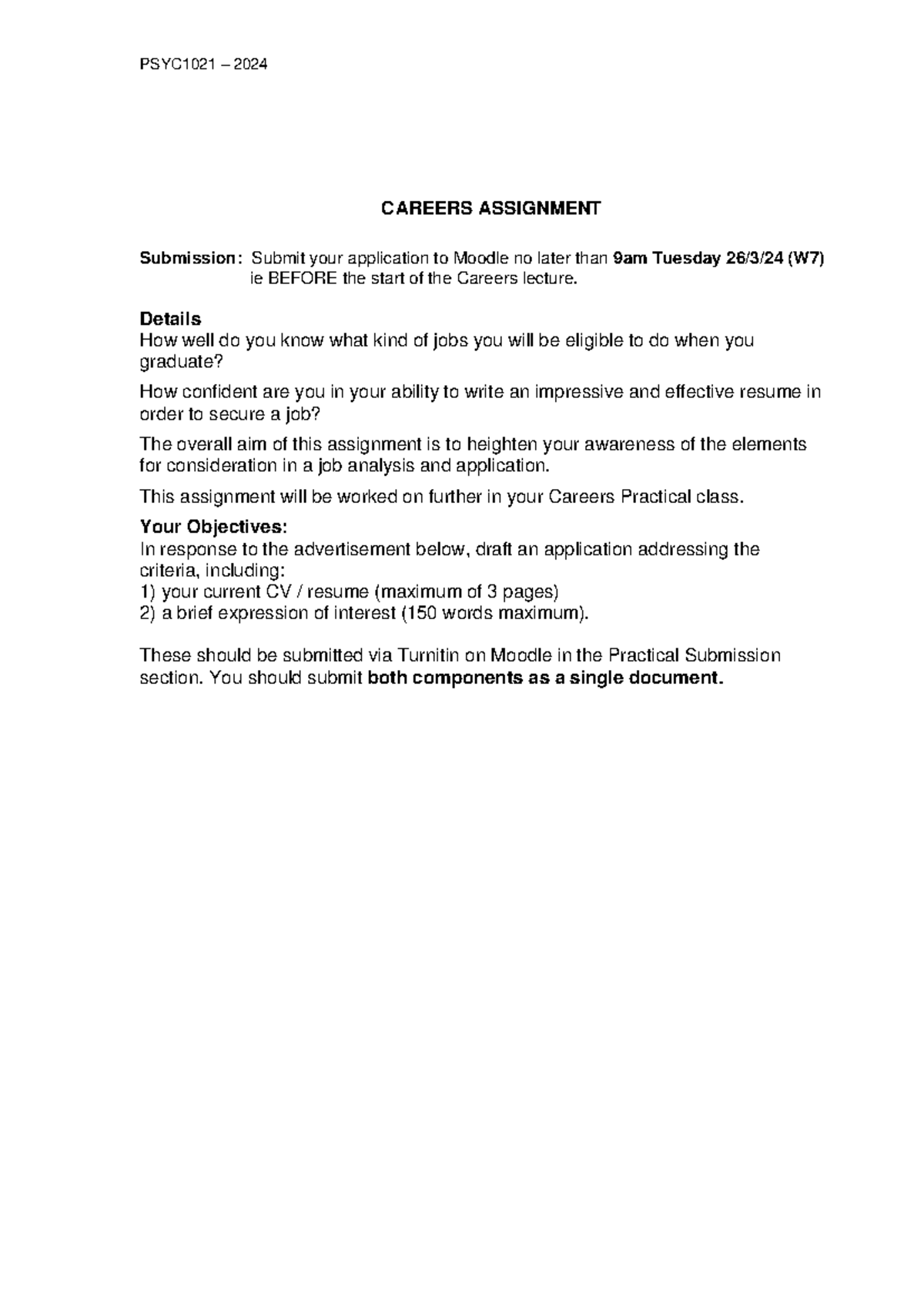 Career Assignment Question - PSYC1021 – 2024 CAREERS ASSIGNMENT ...