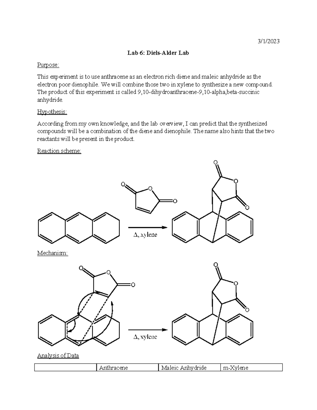 CHM 226 Lab 6 Post lab questions - 3/1/ Lab 6: Diels-Alder Lab Purpose: This experiment is to ...
