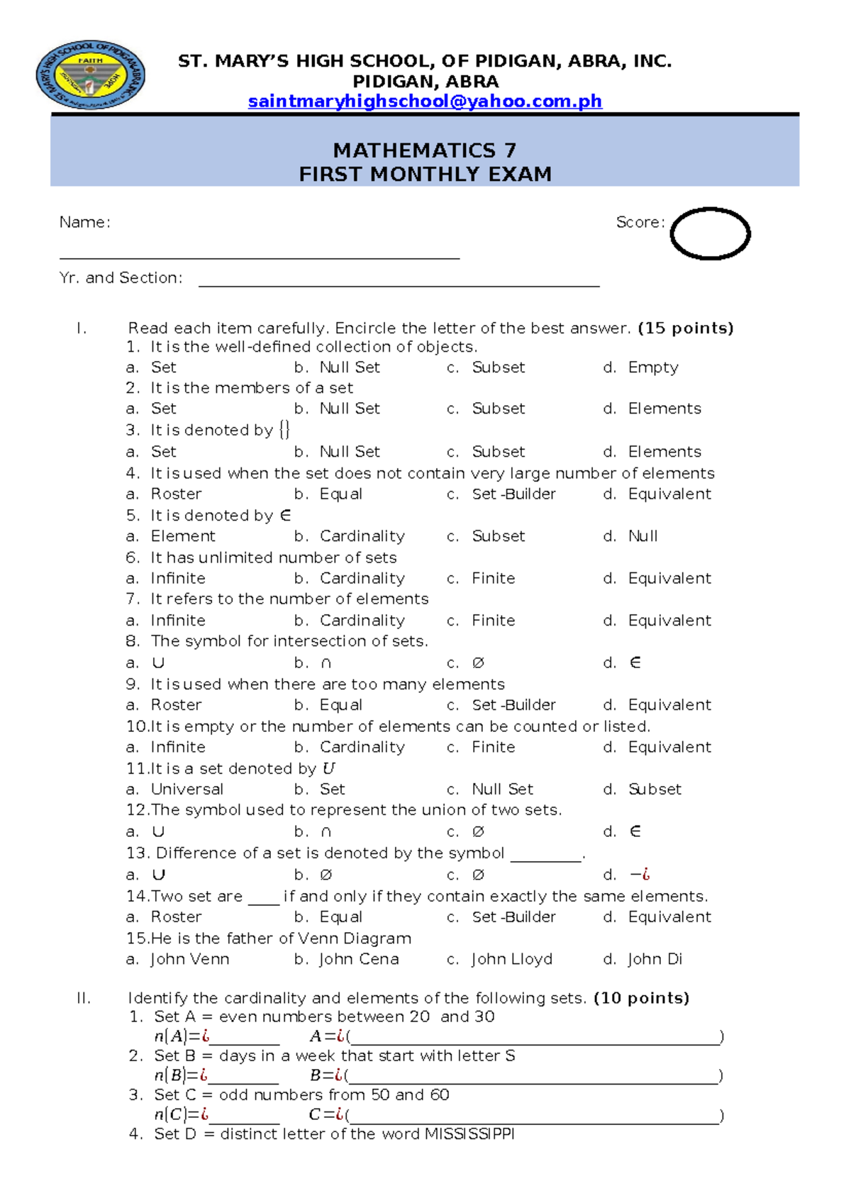 MATH 7 First Monthly EXAM - ST. MARY’S HIGH SCHOOL, OF PIDIGAN, ABRA ...