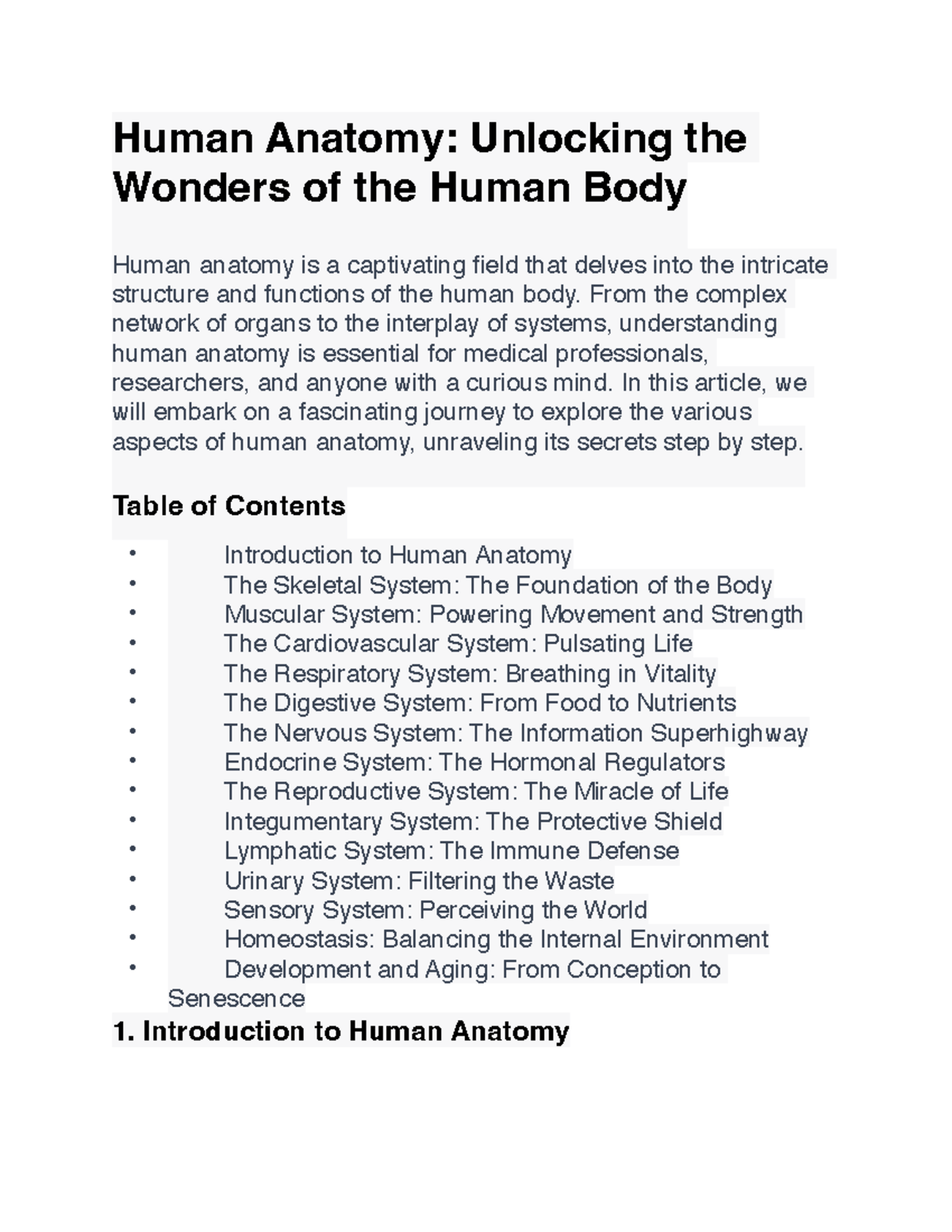 Human Anatomy sumarised - Human Anatomy: Unlocking the Wonders of the ...